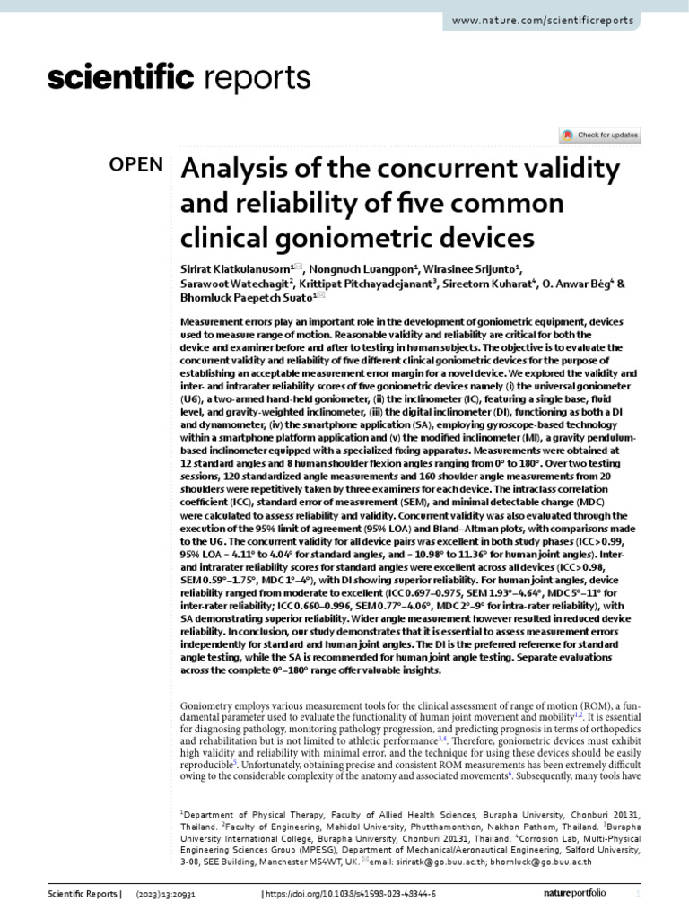 Analysis of The Concurrent Validity and Reliability of Five Common Clinical Goniometric Devices ...