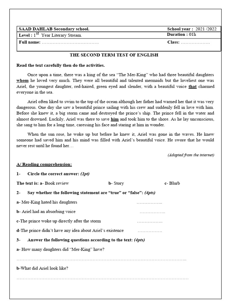 2nd term test ''Once Upon a Time'' | PDF