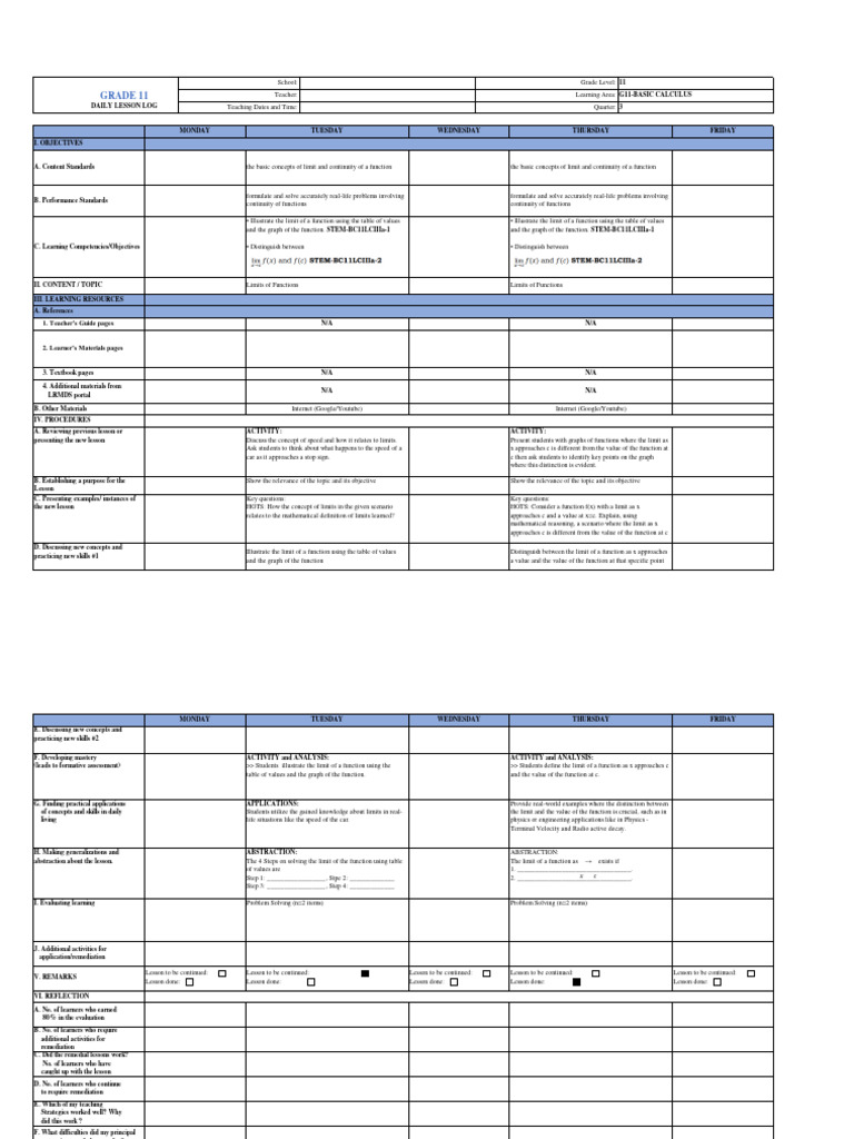 Grade 11 Calculus Lesson Plan | PDF | Function (Mathematics) | Abstraction