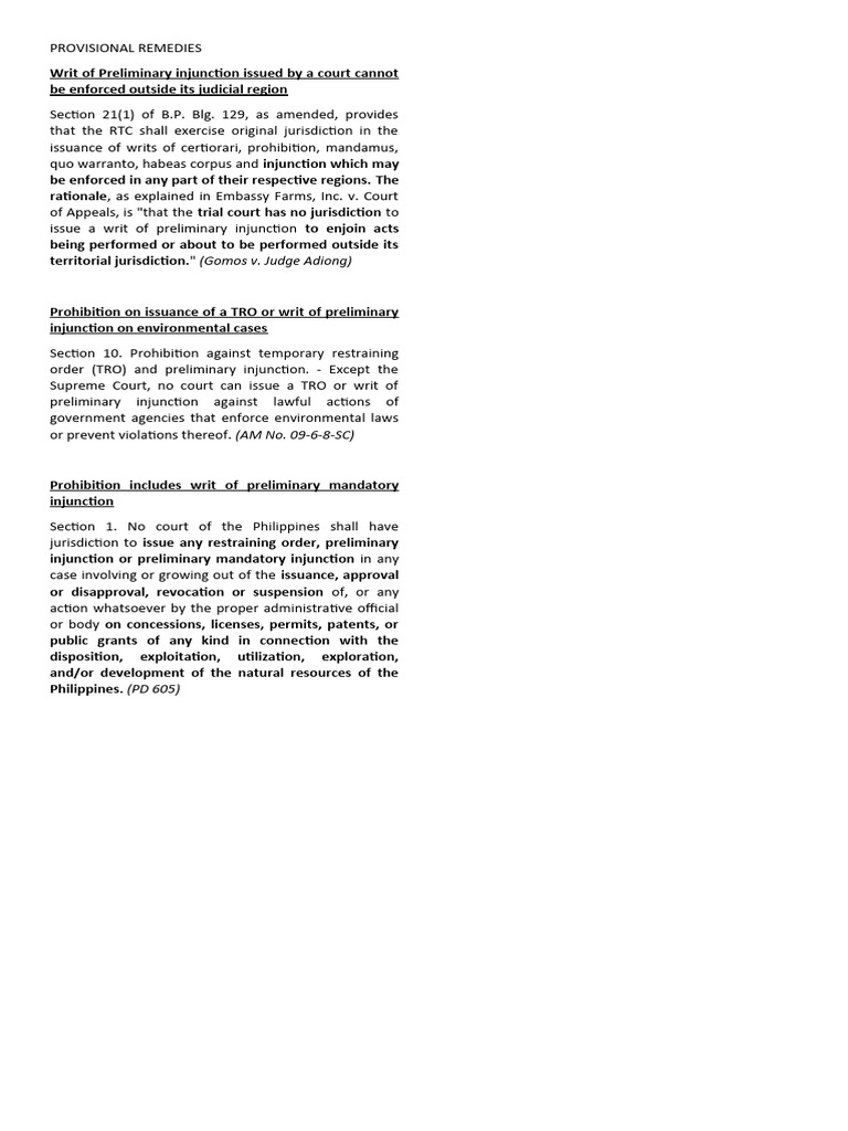 Provisional Remedies Doctrines | PDF | Injunction | Judgment (Law)