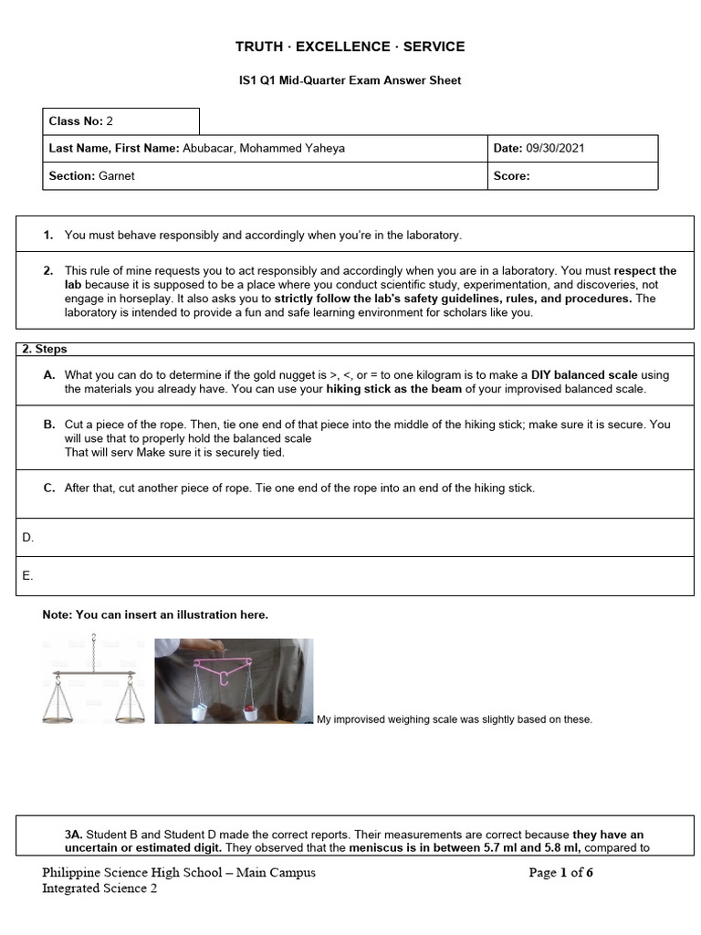 IS1 - Q1 - Mid-Quarter Exam - ANSWER SHEET | PDF | Methodology | Science
