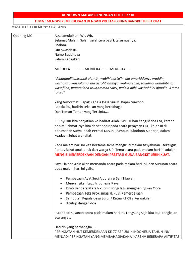 Panduan MC Hut Ke 77 Ri | PDF