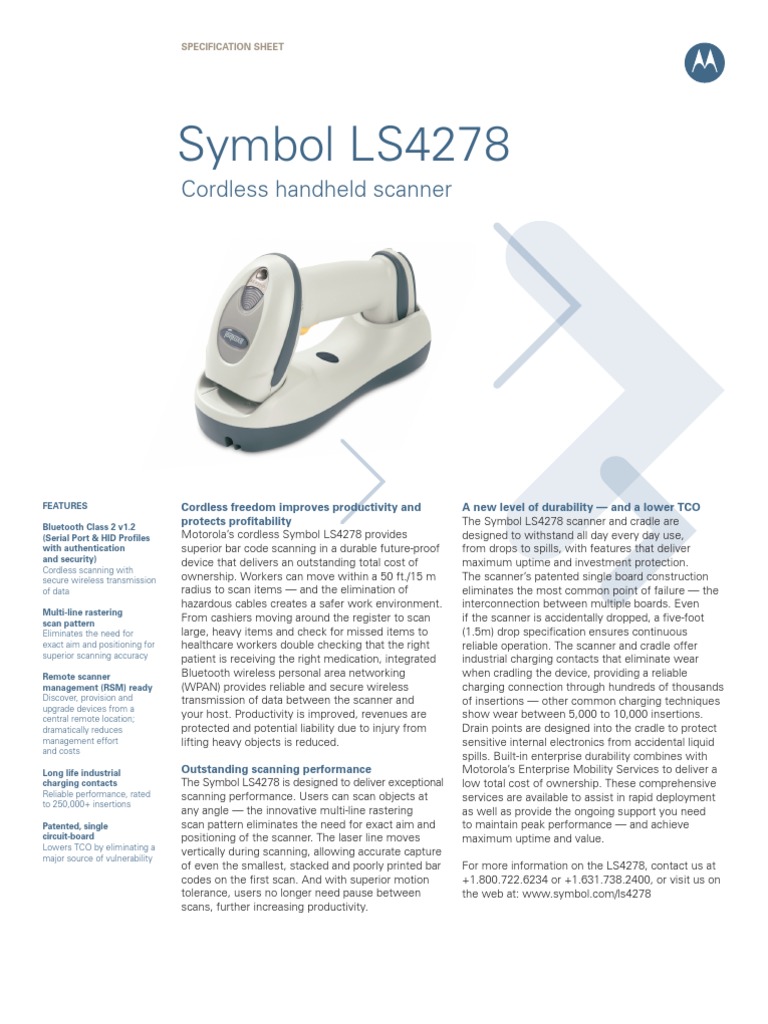Symbol LS4278 Scanner Specification Sheet | PDF | Image Scanner | Bluetooth