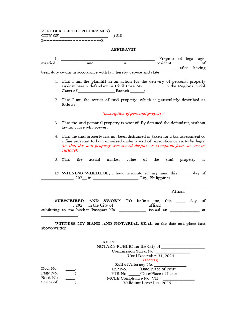 Affidavit in Support of A Petition For Replevin | PDF | Affidavit ...