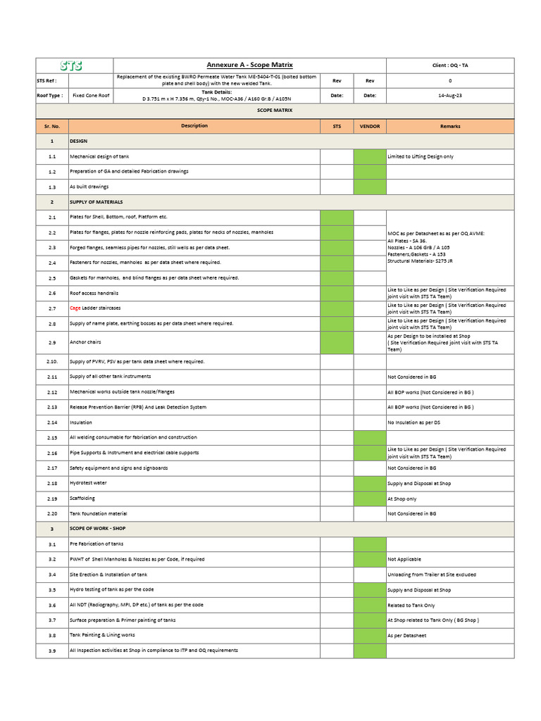 Annex A-Scope Matrix - SBT - 14.08.2023 Shop Built Tank PDF | PDF