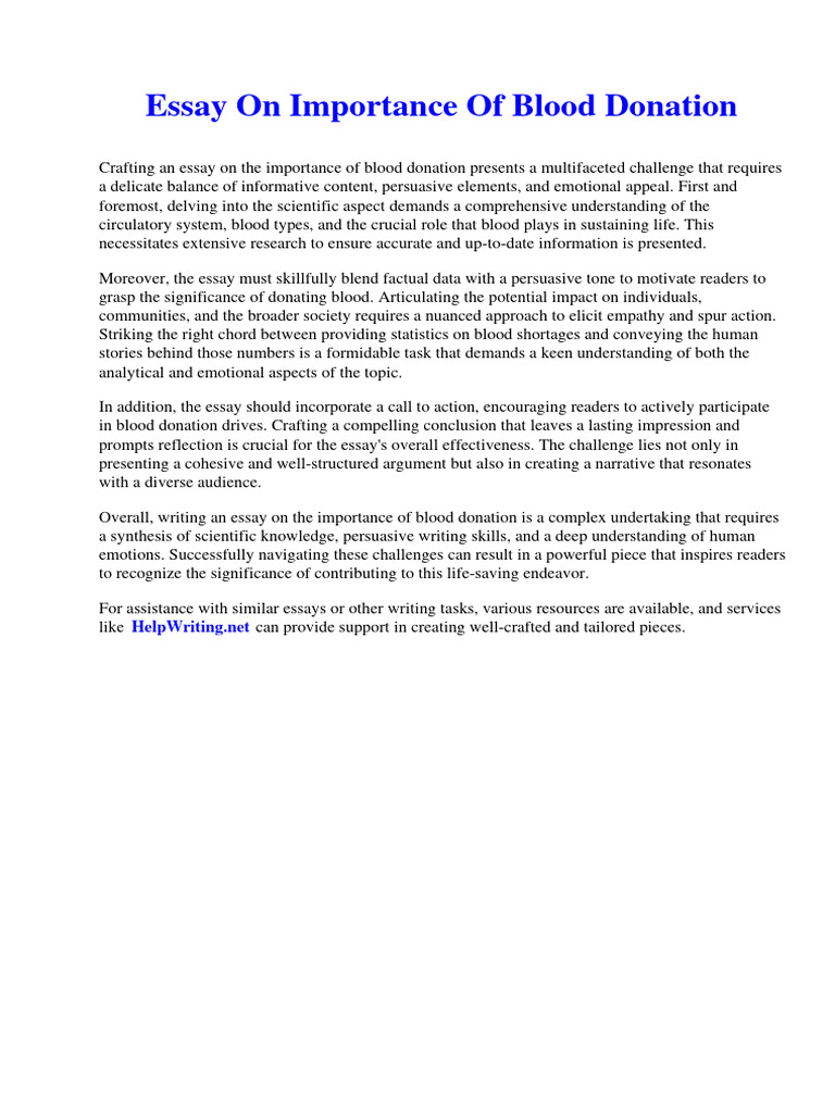 Essay On Importance of Blood Donation | PDF | Behavioural Sciences ...