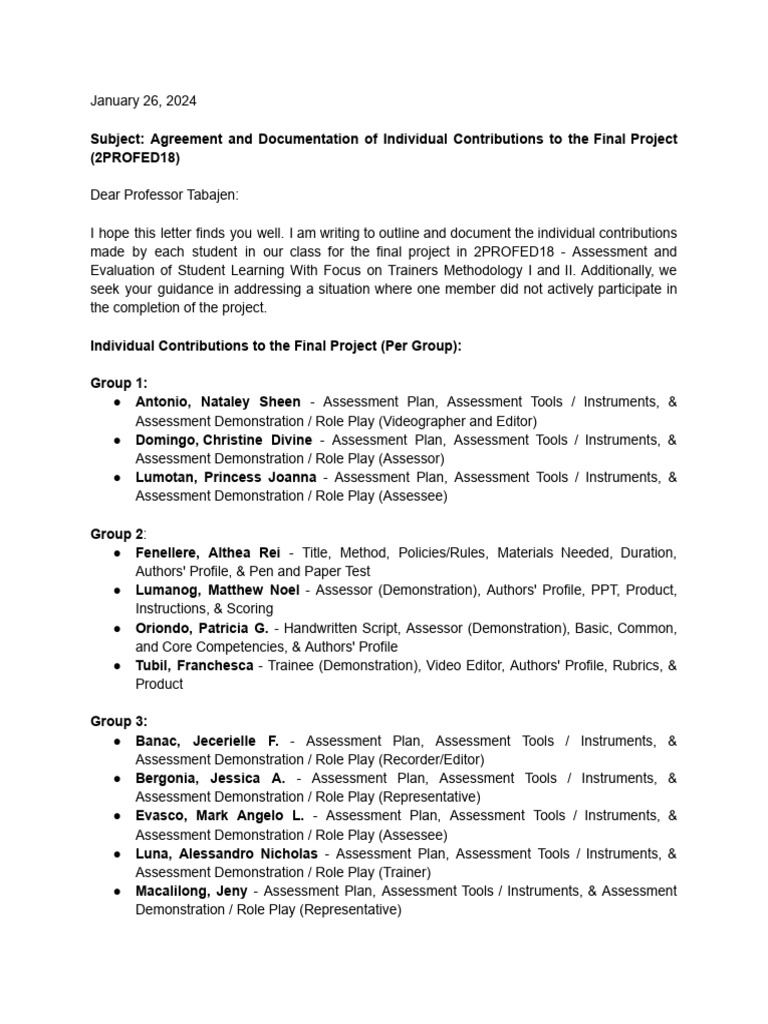Agreement and Documentation of Individual Contributions To The Final ...