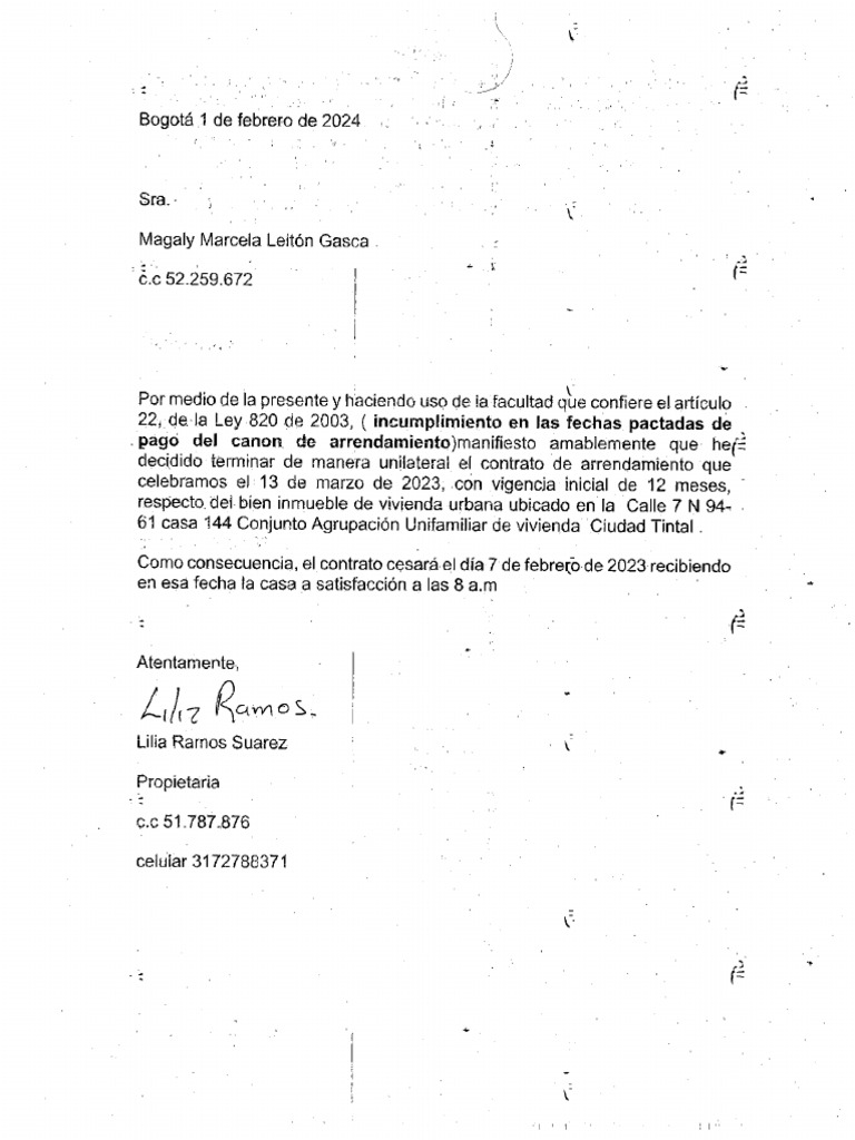 Carta Incumplimiento Contrato Tintal | PDF