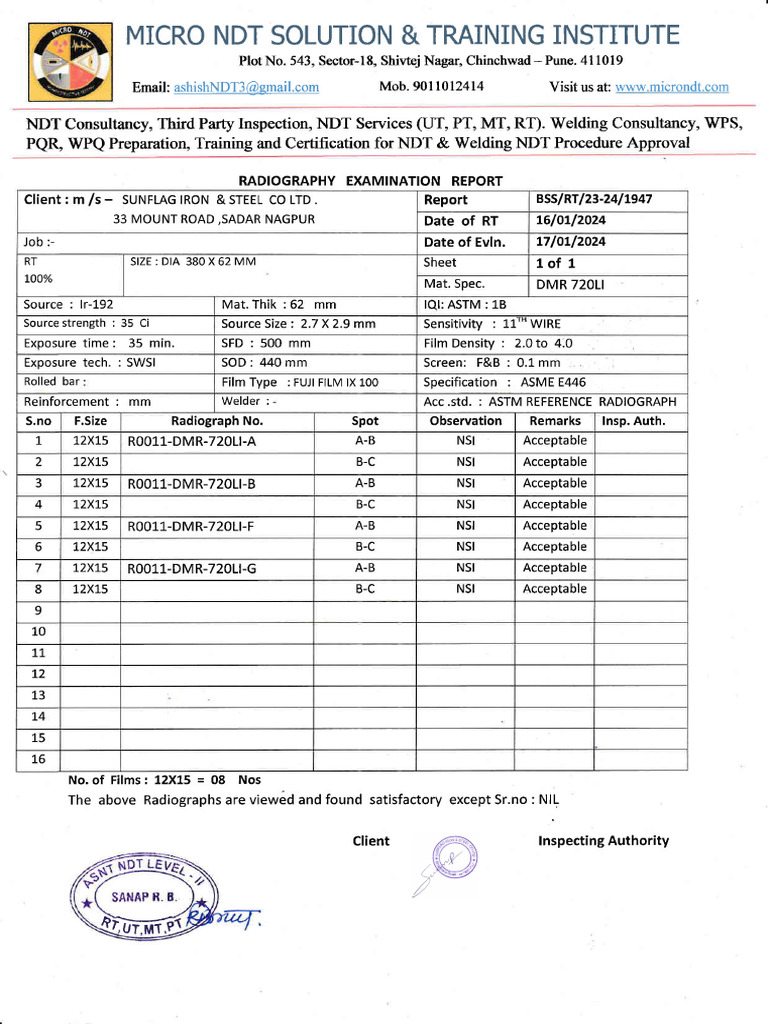 Rt Report For Casting Pdf Nondestructive Testing Business Process