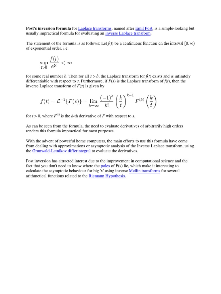Laplace Transforms Emil Post Inverse Laplace Transform: Post's ...