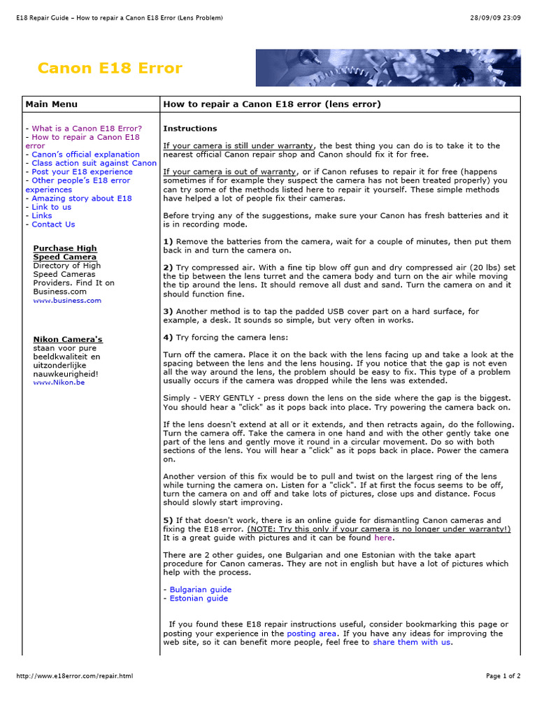 E18 Repair Guide - How To Repair A Canon E18 Error (Lens Problem) | PDF | Camera | Camera Lens