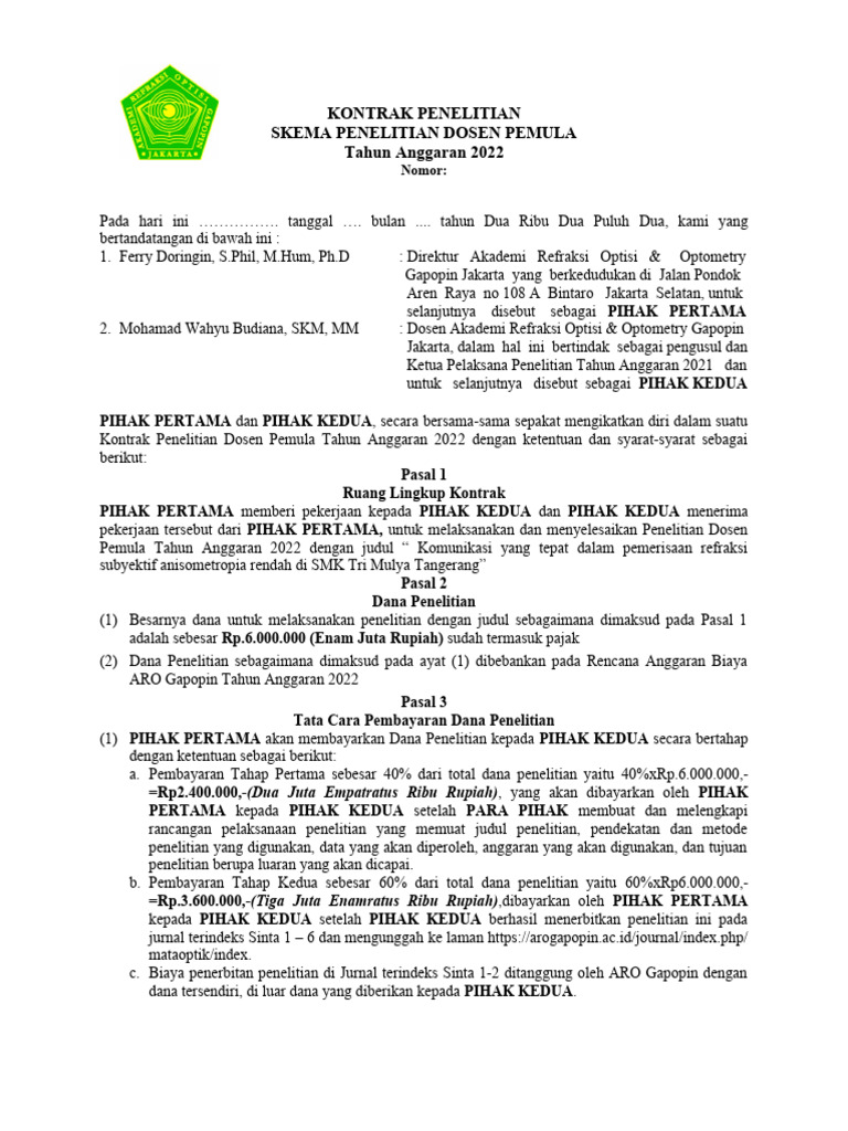 Kontrak Penelitian 2022 MWB | PDF