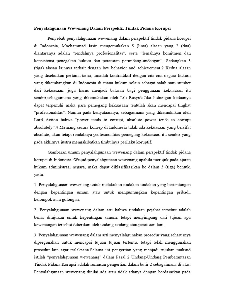 Penyalahgunaan Wewenang Dalam Perspektif Tindak Pidana Korupsi | PDF