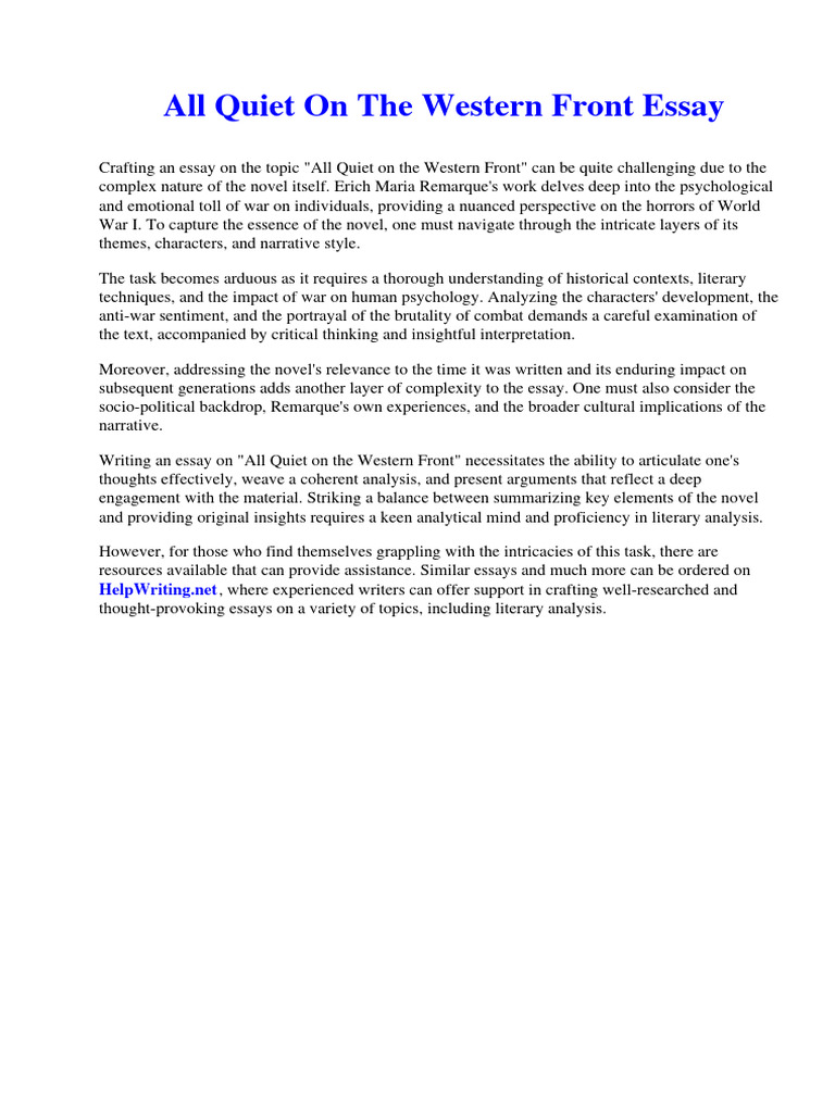All Quiet On The Western Front Essay | Download Free PDF | Soap ...