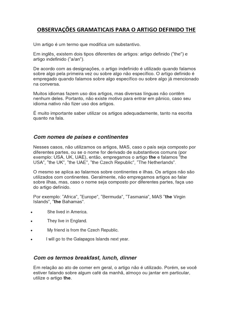 Regras Gramaticais para o Artigo Definido THE | PDF | Linguagem natural ...