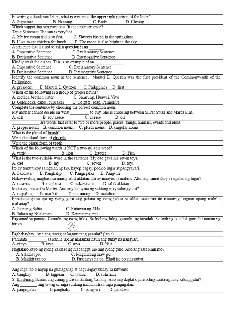 Elln Quiz Bee Questions | PDF | Plural | Linguistic Typology