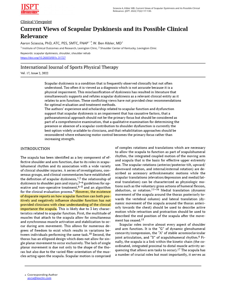 Diskinesia Escapular - Redefinicioness - Kibler y Sciascia 2022 | PDF ...