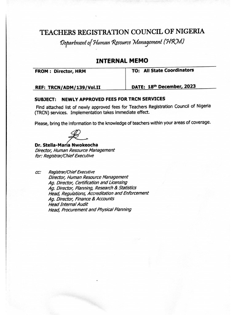 Approved New Fees - Charges For TRCN Services | PDF