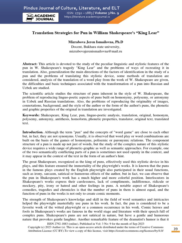 Translation Strategies For Pun in William Shakespeare's "King Lear ...
