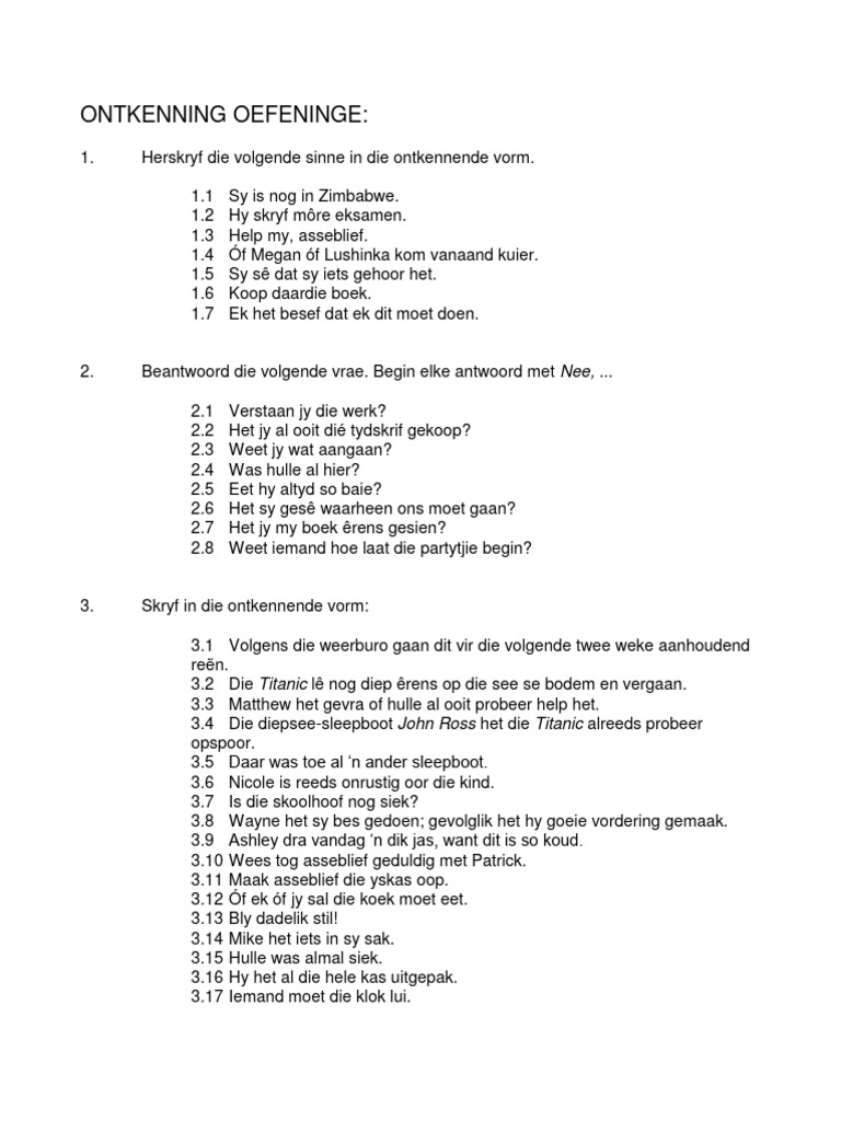 Afrikaans Ontkenning Oefeninge | PDF