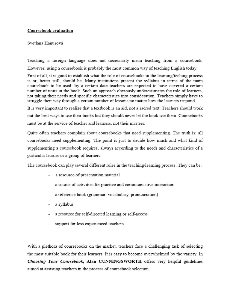 Coursebook Evaluation - Světlana Hanušová | PDF | Learning | Textbook