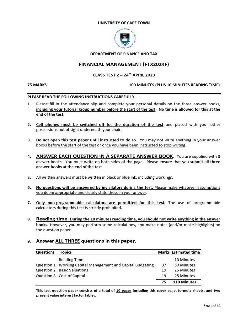 UCT Financial Management Class Test 2023 | PDF