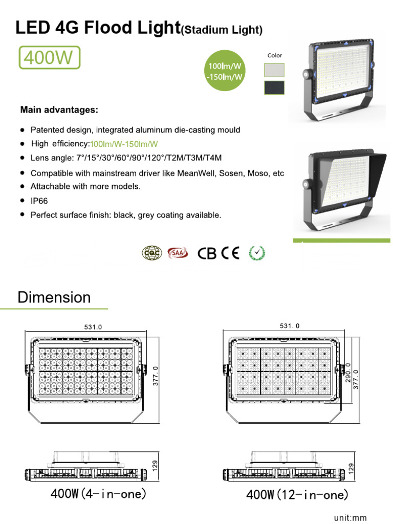 4G LED Flood Light (Led Stadium Light) 400W Specification | PDF