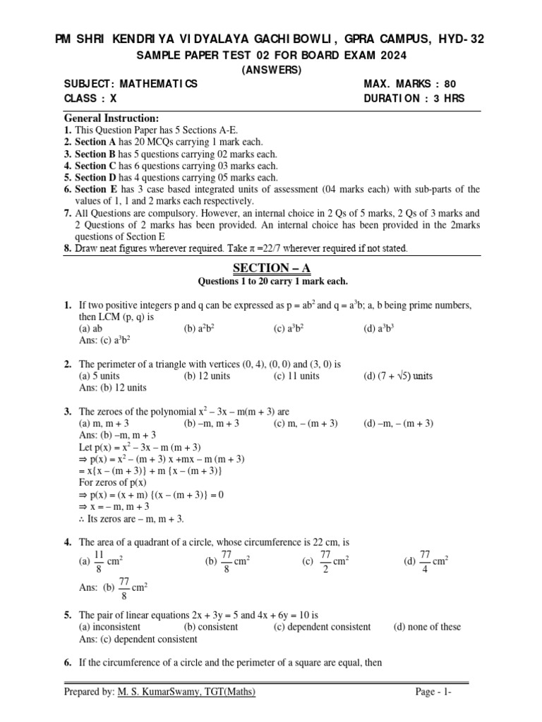 Mathematics Sample Paper 2024 Answers | PDF | Sphere | Area