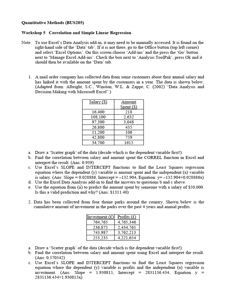 Workshop 5 Correlation and Simple Linear Regression | PDF | Linear Regression | Regression Analysis
