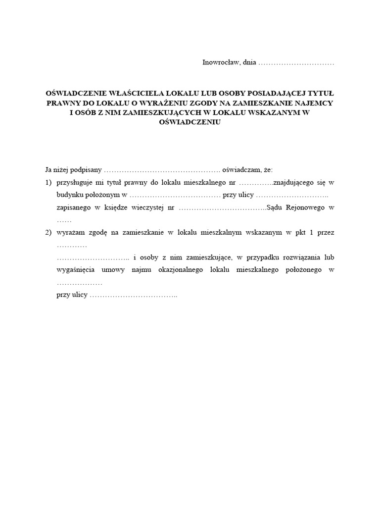 Oświadczenie Wyrażające Zgodę Na Zamieszkanie Najemcy Najem Okazjonalny ...