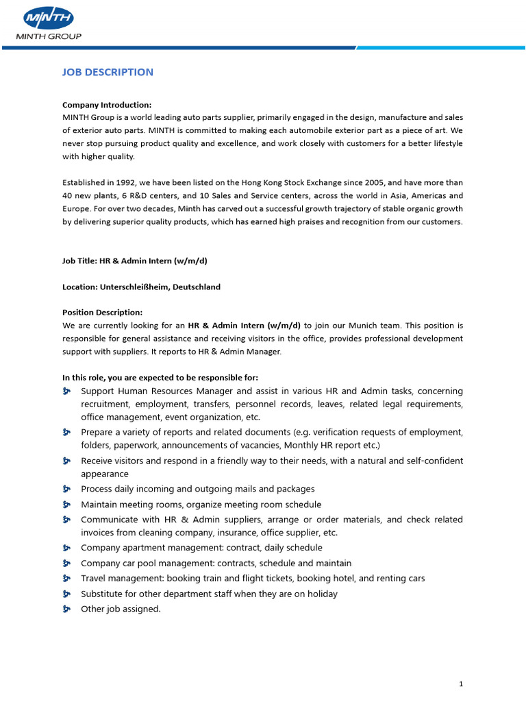 Minth - JD - HR & Admin Intern | PDF | Employment | Human Resource Management