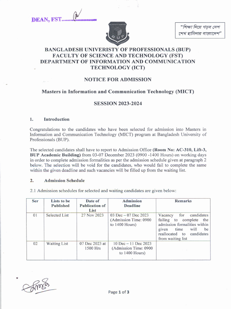 MICT Final Selected List For Admission (Session January 2024) | PDF