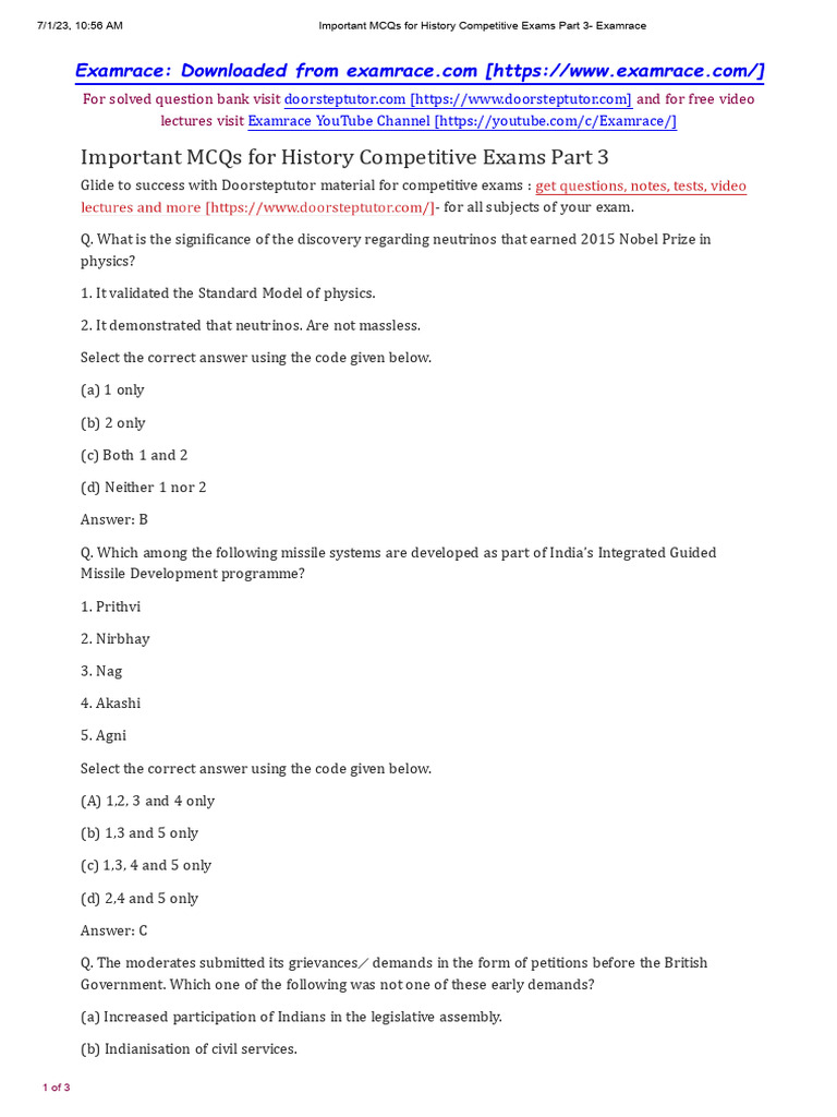 Important MCQs History Part 3 | PDF