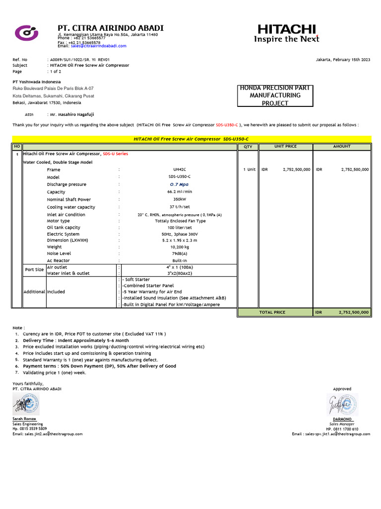 Proposal for HITACHI Air Compressor System | PDF | Applied And ...