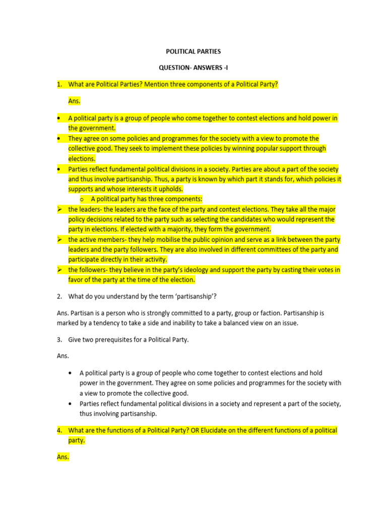 Political Parties - Question Answers | PDF | Political Parties | Elections