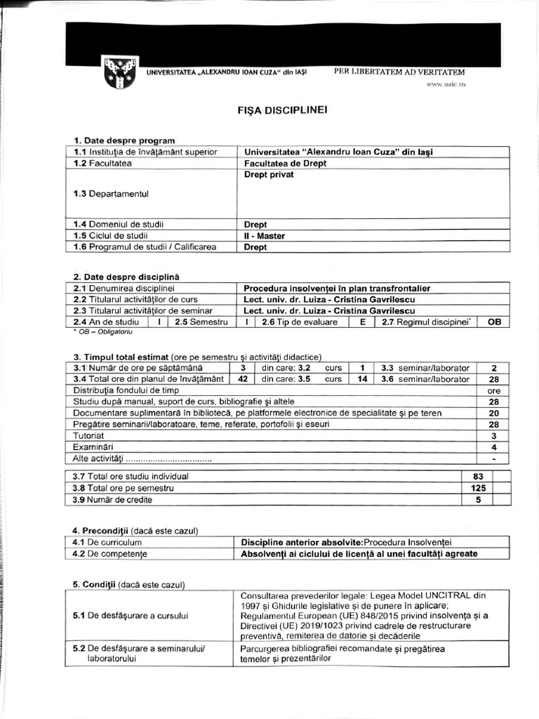 Fisa Disciplinei Procedura Insolventei | PDF