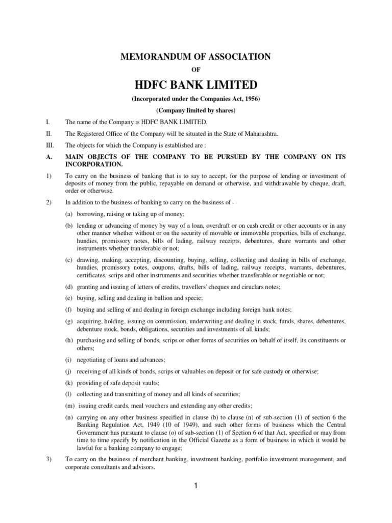 HDFC Bank Limited Memorandum of Association | PDF | Securities (Finance ...
