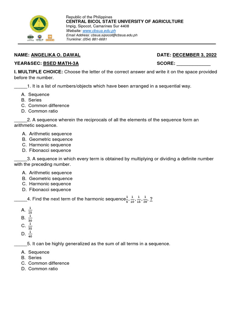 Dawal, A. Bsed Math-3 (Test Question) - 012106 | PDF | Sequence | Numbers