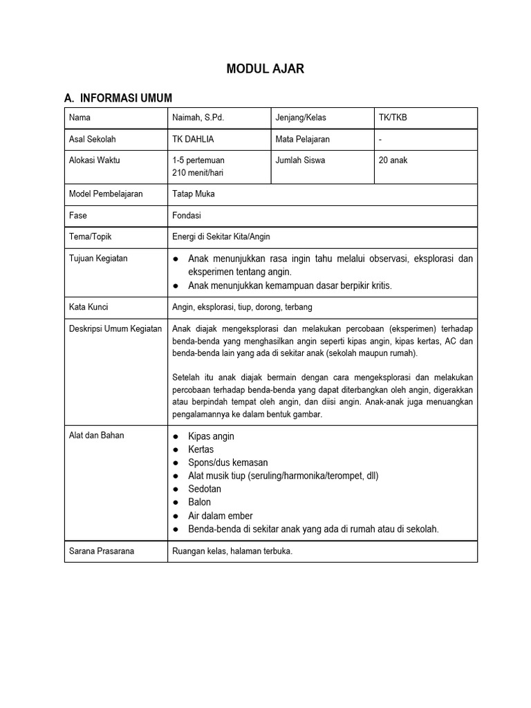 Modul Ajar Ringkas - Angin Dan Cahaya | PDF