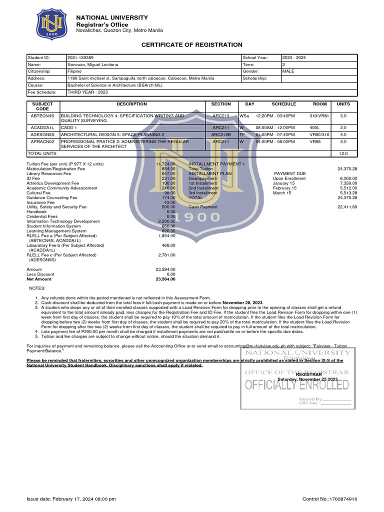 CertificateOfRegistration 2021 130369 | PDF | Fee | Payments