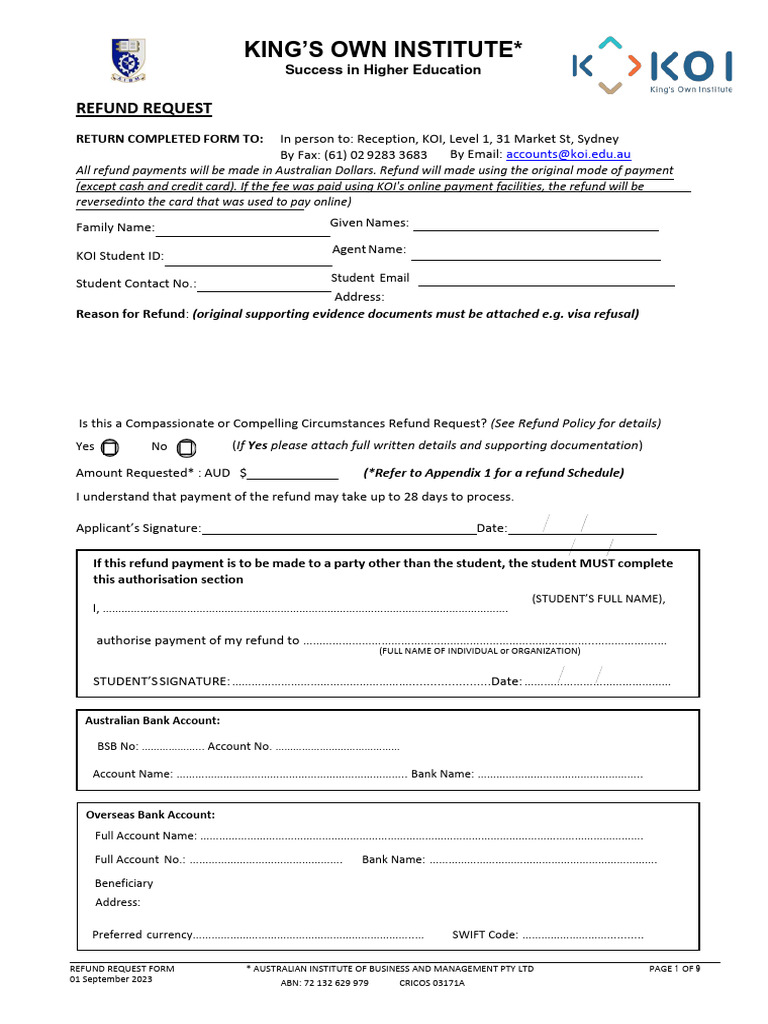 KOI Refund Request Form 21092023 | PDF