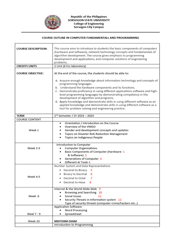 Course Outline COMP 1 | PDF | Computer Programming | Software