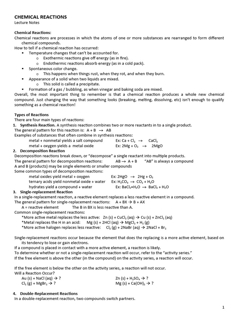 CHEMICAL REACTIONS Lecture Notes | Download Free PDF | Stoichiometry ...