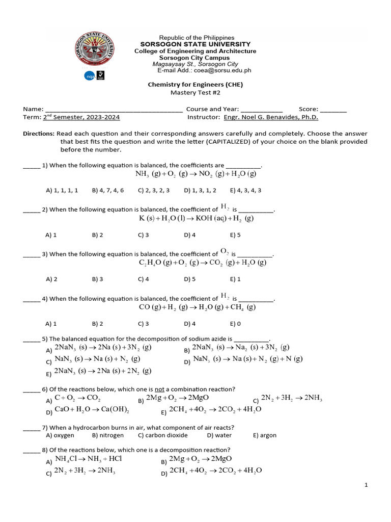Mastery Test 2 Chemical Reactions | PDF | Combustion | Chemistry