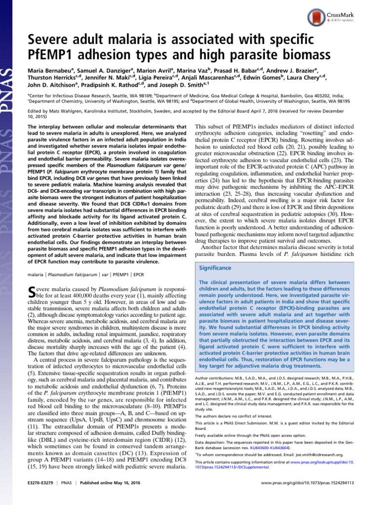 2016 Severe Adult Malaria Is Associated With Specific PfEMP1 Adhesion Types and High Parasite ...