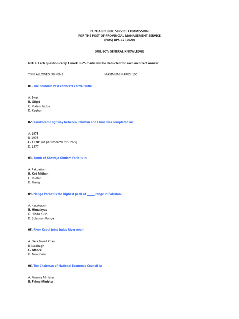 PUNJAB PUBLIC SERVICE COMMISSION Past Paper GK PMS | PDF | Pakistan ...