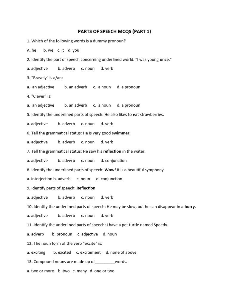 Parts of Speech MCQS | PDF