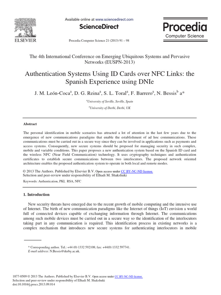 2013 - Authentication Systems Using ID Cards Over NFC Links - The Spanish Experience Using DNIe ...