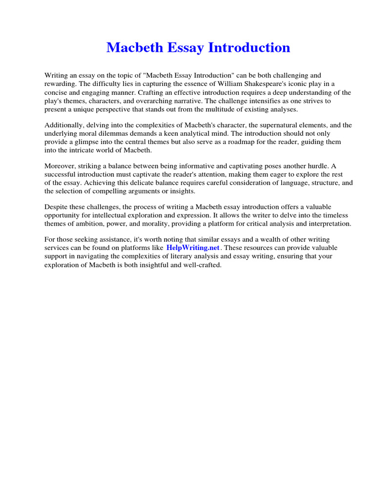 Macbeth Essay Introduction | PDF | Welfare | Essays