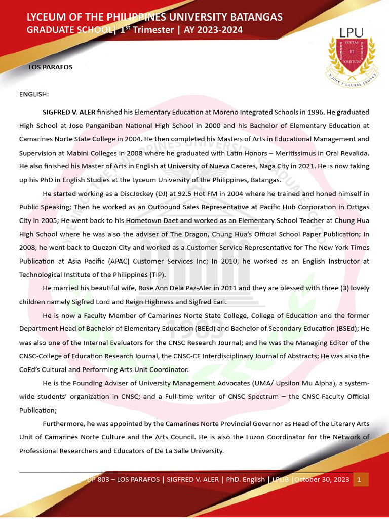 Sigfred V. Aler: Academic and Literary Journey | PDF